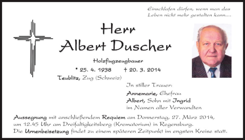 Traueranzeigen von Teublitz Albert Duscher | Mittelbayerische Trauer