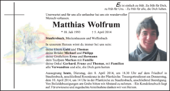 Traueranzeigen von Matthias Wolfrum | Mittelbayerische Trauer