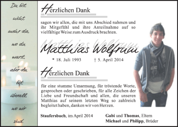 Traueranzeigen von Staufersbuch Matthias Wolfrum | Mittelbayerische Trauer