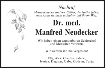 Traueranzeigen von Dr. med. Manfred Neudecker | Mittelbayerische Trauer