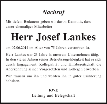 Traueranzeigen von Josef Lankes | Mittelbayerische Trauer