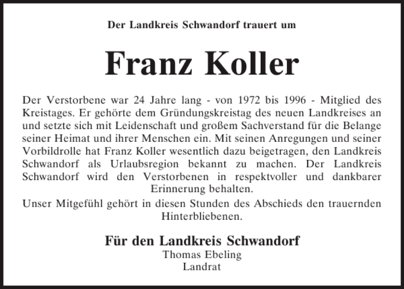 Traueranzeigen von Franz Koller | Mittelbayerische Trauer