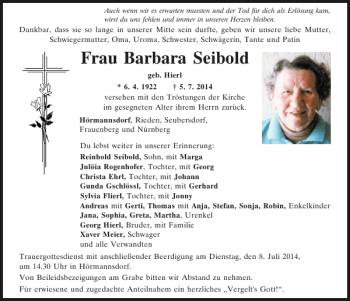 Traueranzeigen von Hörmannsdorf Barbara Seibold | Mittelbayerische Trauer