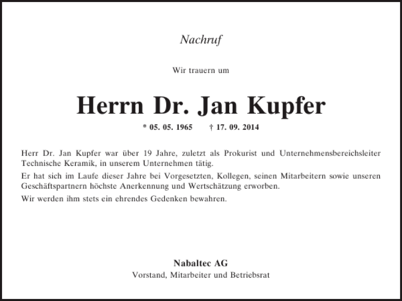 Traueranzeigen von Dr. Jan Kupfer | Mittelbayerische Trauer