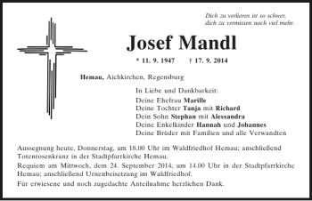 Traueranzeigen von Hemau Josef Mandl | Mittelbayerische Trauer