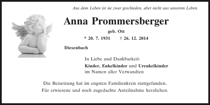 Traueranzeigen von Diesenbach Anna Prommersberger | Mittelbayerische Trauer