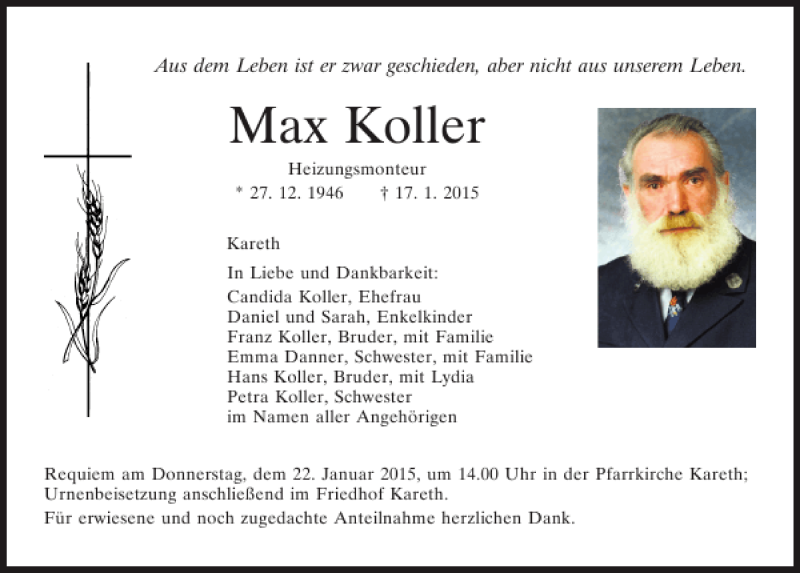 Traueranzeigen von Kareth Max Koller | Mittelbayerische Trauer