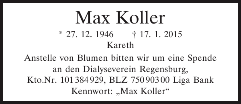 Traueranzeigen von Kareth Max Koller | Mittelbayerische Trauer
