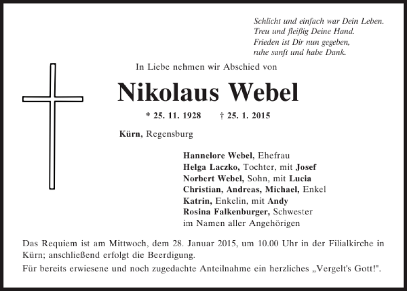 Traueranzeigen von Nikolaus Webel | Mittelbayerische Trauer
