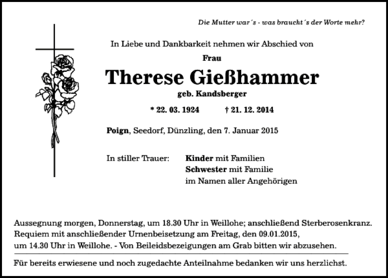 Traueranzeigen von Poign Therese Gießhammer | Mittelbayerische Trauer