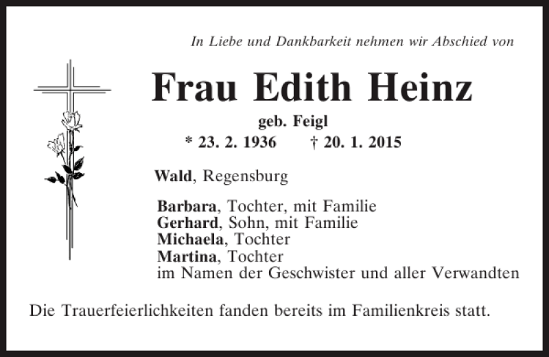 Traueranzeigen von Wald Edith Heinz | Mittelbayerische Trauer