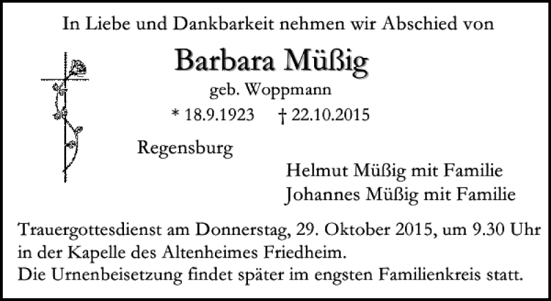 Traueranzeigen von Barbara Müßig | Mittelbayerische Trauer