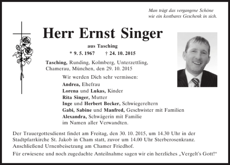 Traueranzeigen von Ernst Singer | Mittelbayerische Trauer