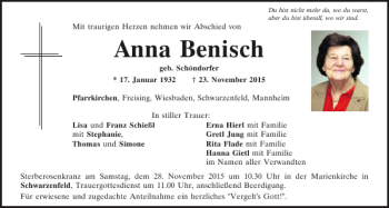 Traueranzeigen von Anna Benisch | Mittelbayerische Trauer