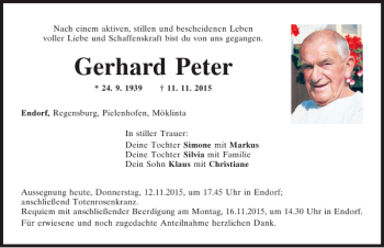 Traueranzeigen von Gerhard Peter | Mittelbayerische Trauer