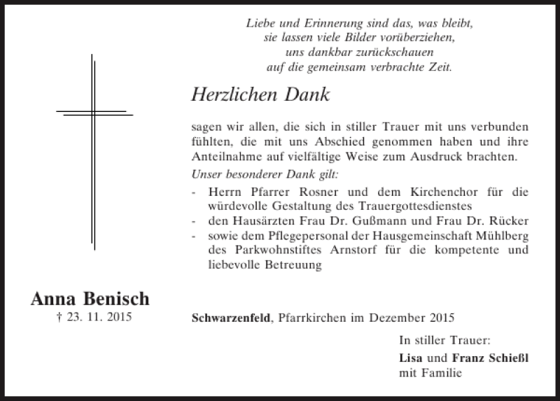 Traueranzeigen von Anna Benisch | Mittelbayerische Trauer