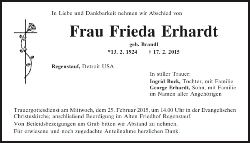 Traueranzeigen von Frau Frieda Erhardt | Mittelbayerische Trauer