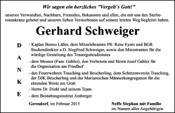 Traueranzeigen von Geresdorf Gerhard Schweiger | Mittelbayerische Trauer