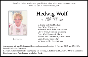 Traueranzeigen von Lorenzen Hedwig Wolf | Mittelbayerische Trauer