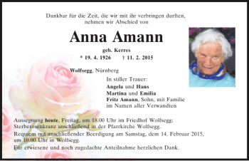 Traueranzeigen von Wolfsegg Anna Amann | Mittelbayerische Trauer