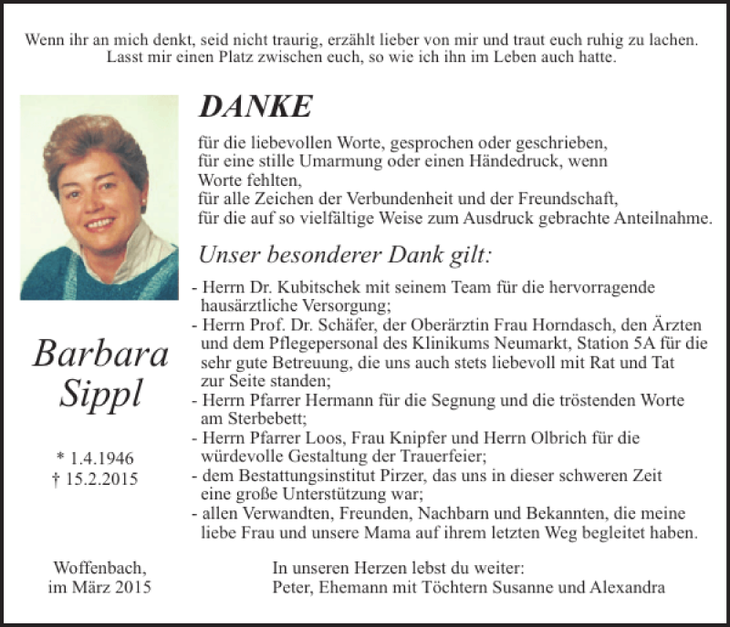 Traueranzeigen von Barbara Sippl | Mittelbayerische Trauer