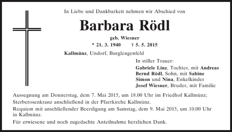 Traueranzeigen von Barbara Rödl | Mittelbayerische Trauer