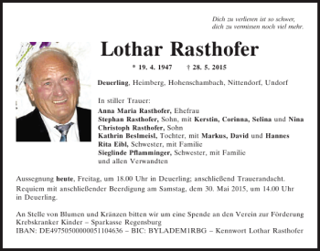 Traueranzeigen von Lothar Rasthofer | Mittelbayerische Trauer