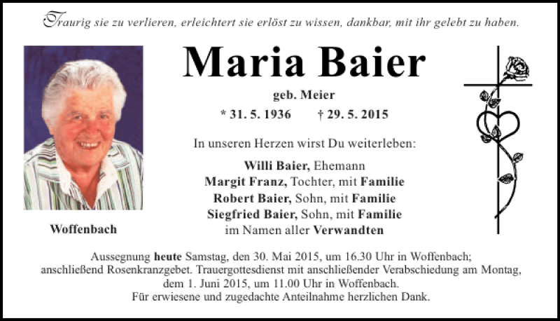 Traueranzeigen von Maria Baier | Mittelbayerische Trauer