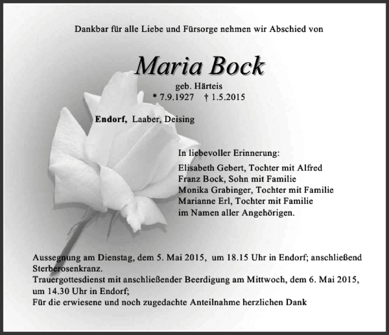 Traueranzeigen von Maria Bock | Mittelbayerische Trauer