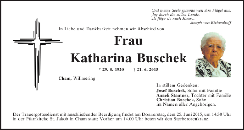 Traueranzeigen von Katharina Buschek | Mittelbayerische Trauer