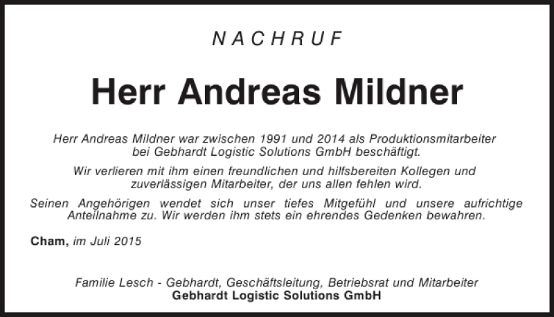 Traueranzeigen von Andreas Mildner | Mittelbayerische Trauer