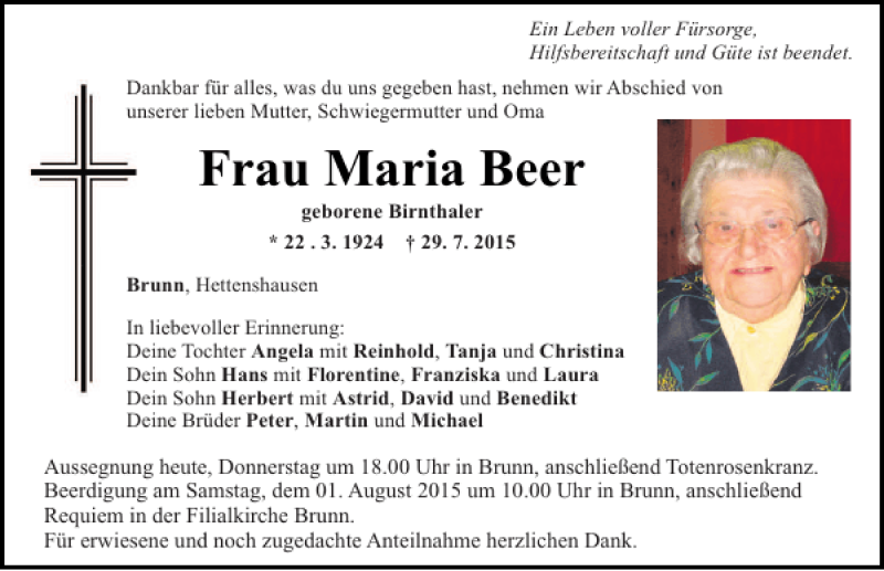 Traueranzeigen von Maria Beer | Mittelbayerische Trauer