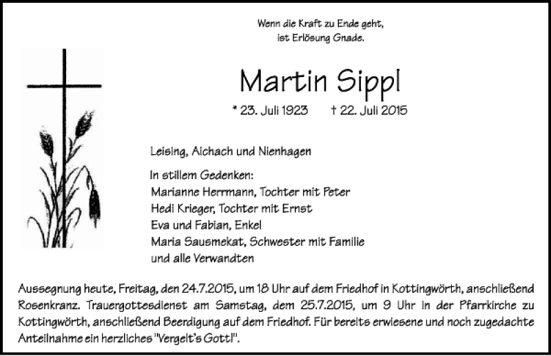 Traueranzeigen von Martin Sippl | Mittelbayerische Trauer