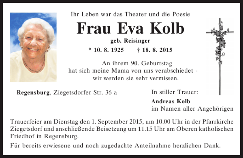 Traueranzeigen von Eva Kolb | Mittelbayerische Trauer