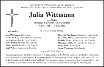 Traueranzeigen von Julia Wittmann | Mittelbayerische Trauer