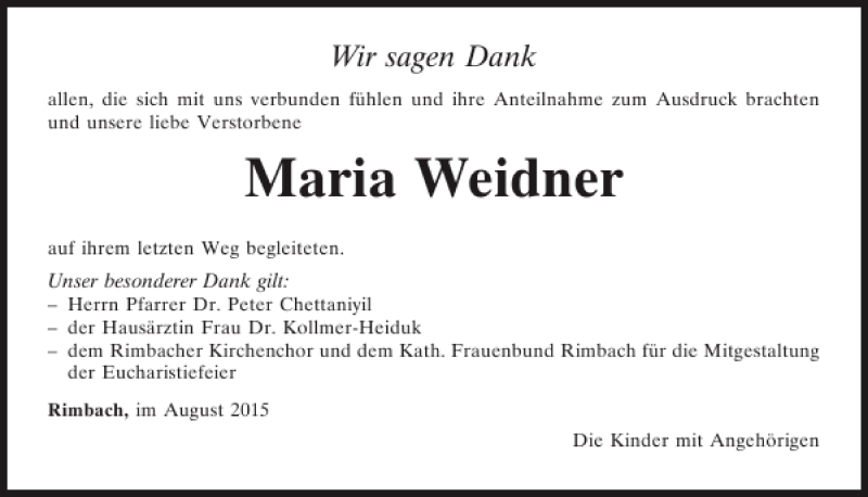 Traueranzeigen von Maria Weidner | Mittelbayerische Trauer
