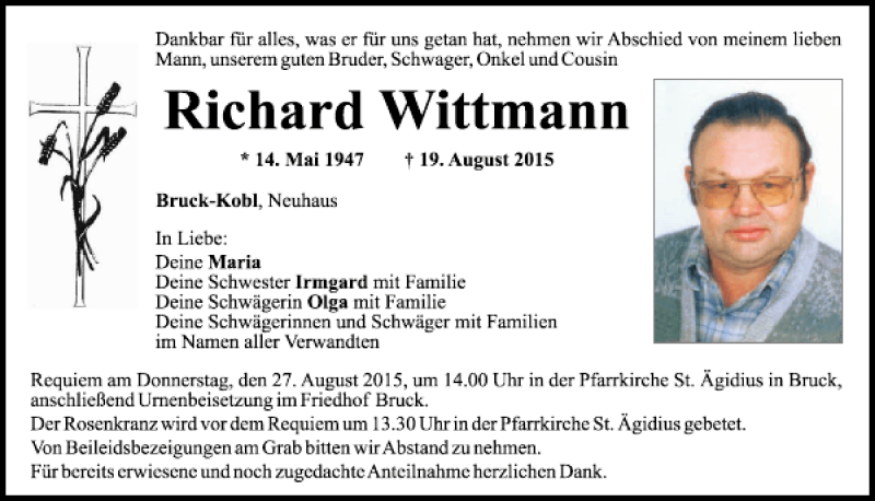 Traueranzeigen von Richard Wittmann | Mittelbayerische Trauer