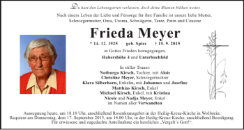 Traueranzeigen von Frieda Meyer | Mittelbayerische Trauer