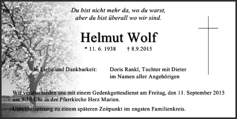Traueranzeigen von Helmut Wolf | Mittelbayerische Trauer