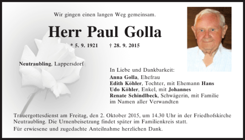 Traueranzeigen von Paul Golla | Mittelbayerische Trauer