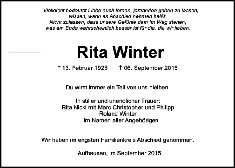 Traueranzeigen von Rita Winter | Mittelbayerische Trauer
