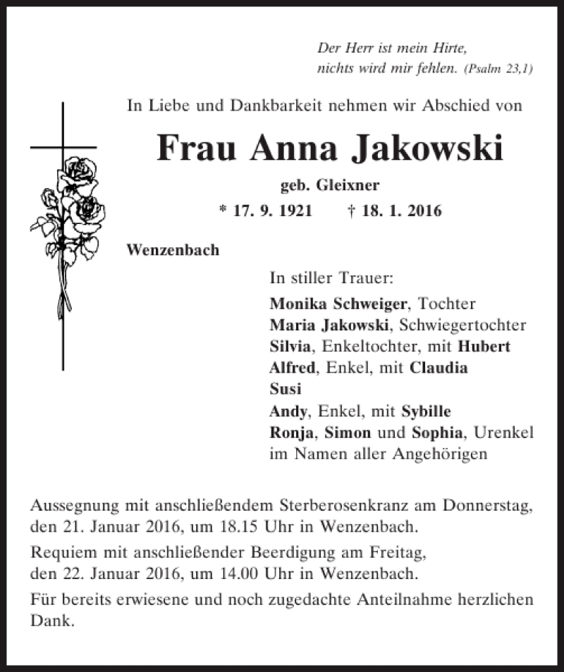 Traueranzeigen von Anna Jakowski | Mittelbayerische Trauer