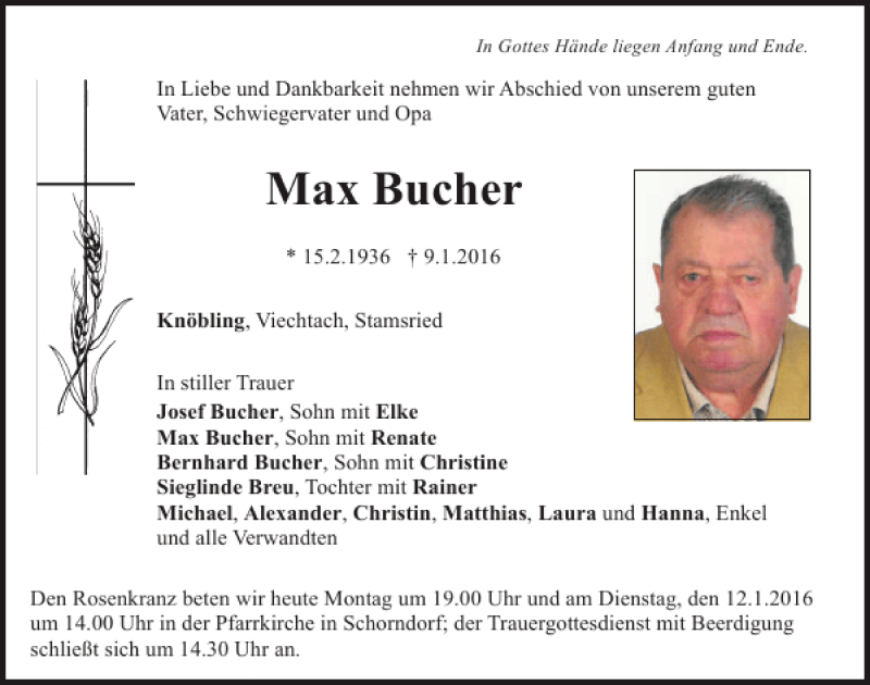 Traueranzeigen von Max Bucher | Mittelbayerische Trauer