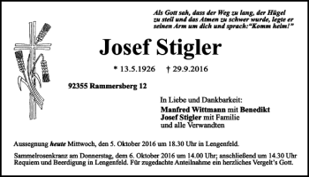 Traueranzeigen von Josef Stigler | Mittelbayerische Trauer