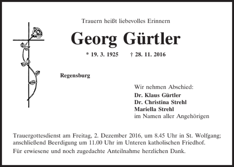 Traueranzeigen von Georg Gürtler | Mittelbayerische Trauer