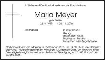 Traueranzeigen von Maria Meyer | Mittelbayerische Trauer