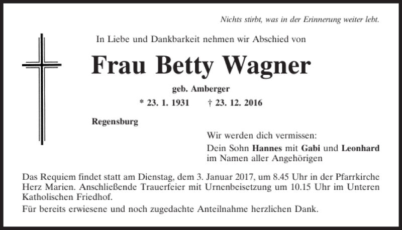 Traueranzeigen von Betty Wagner | Mittelbayerische Trauer