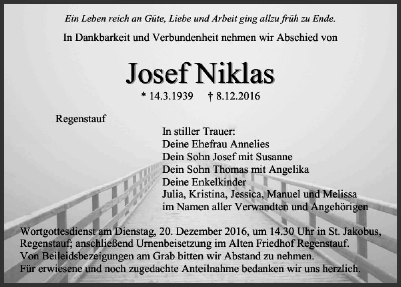 Traueranzeigen von Josef Niklas | Mittelbayerische Trauer