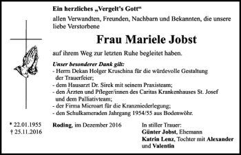 Traueranzeigen von Mariele Jobst | Mittelbayerische Trauer