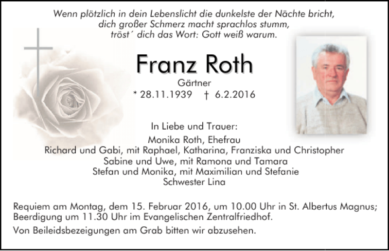 Traueranzeigen von Franz Roth | Mittelbayerische Trauer